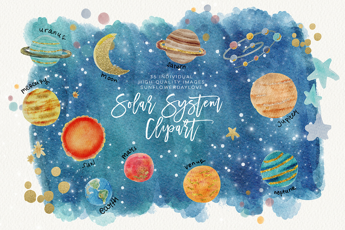 watercolor SOLAR SYSTEM clipart, an Illustration by Sunflower Day Love