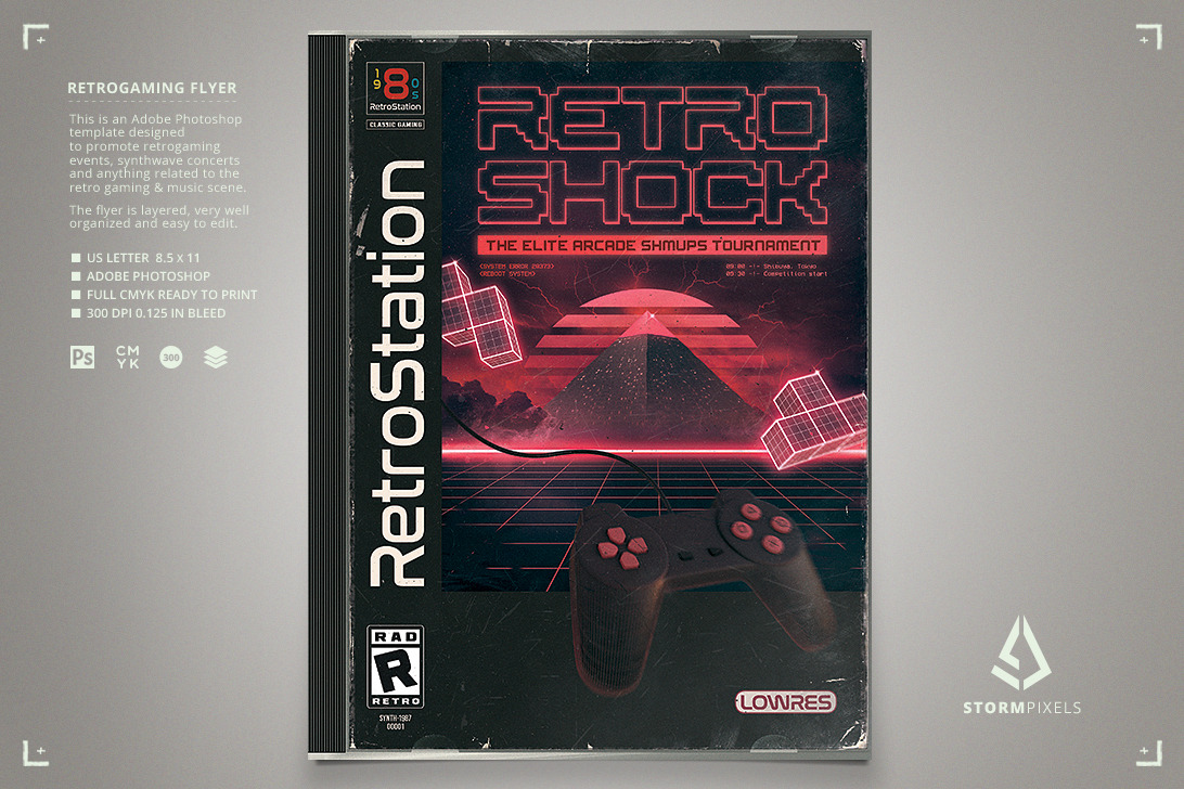 Retrowave Flyer v3 Retrogaming Cover, a Flyer Template by Storm Pixels