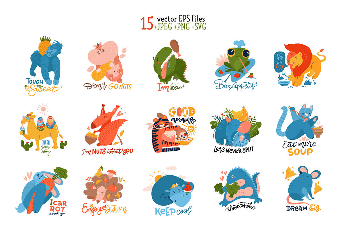 Animals eating healthy food CLIPART, an Animal Illustration by Lana Sham