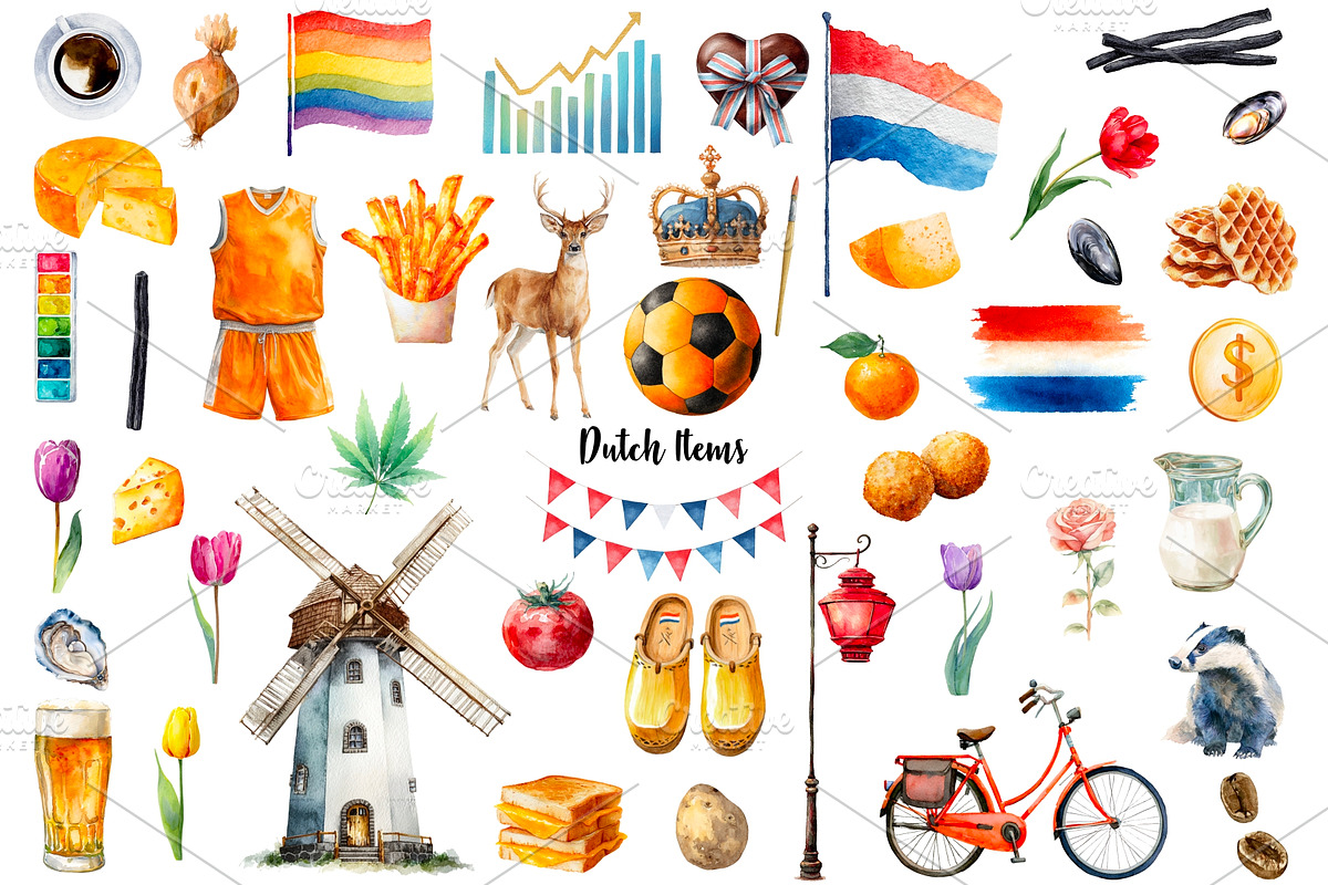 Watercolor Holland symbols & items clipart