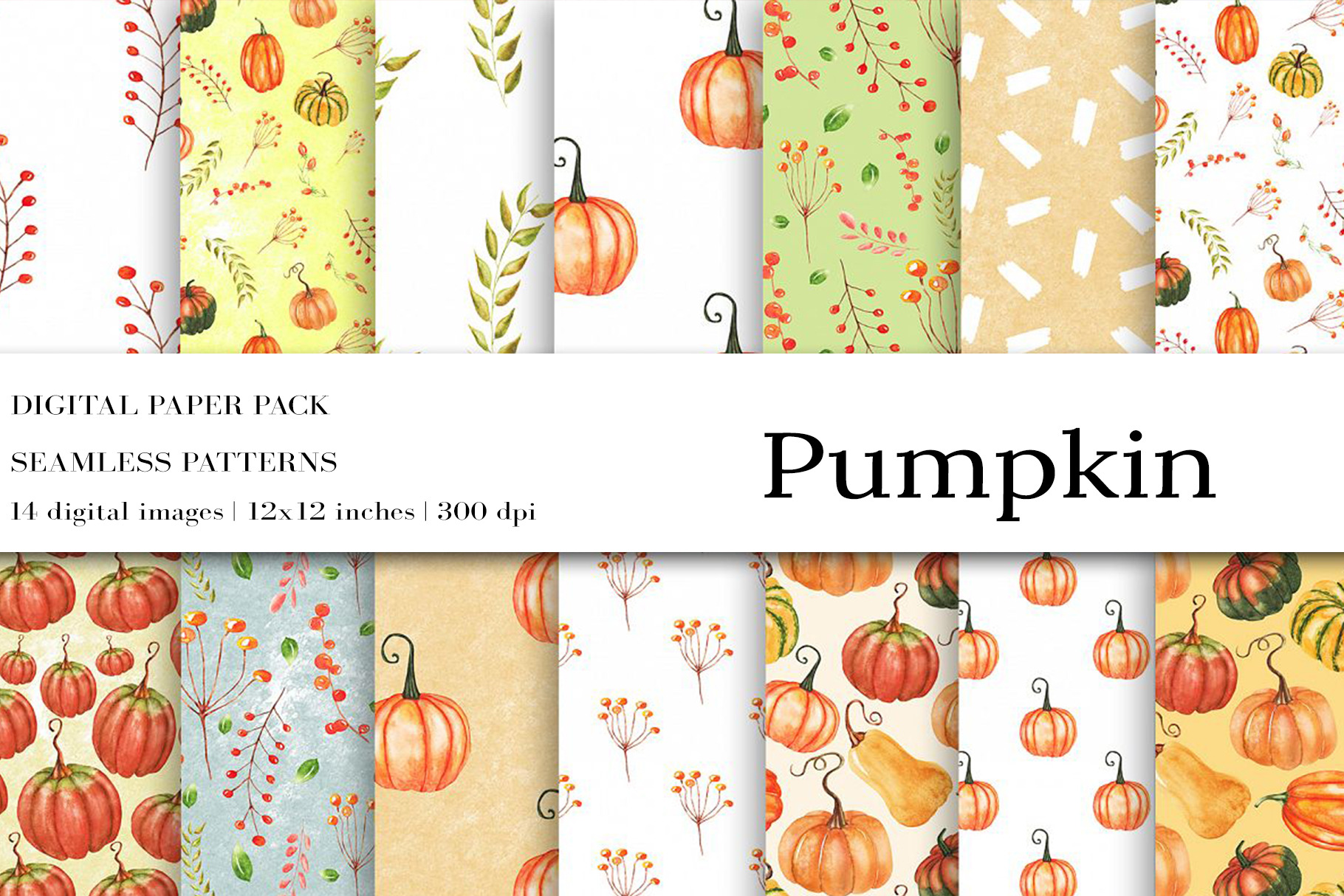 Watercolor Pumpkin Digital Paper, a Pattern Graphic by BonaDesigns