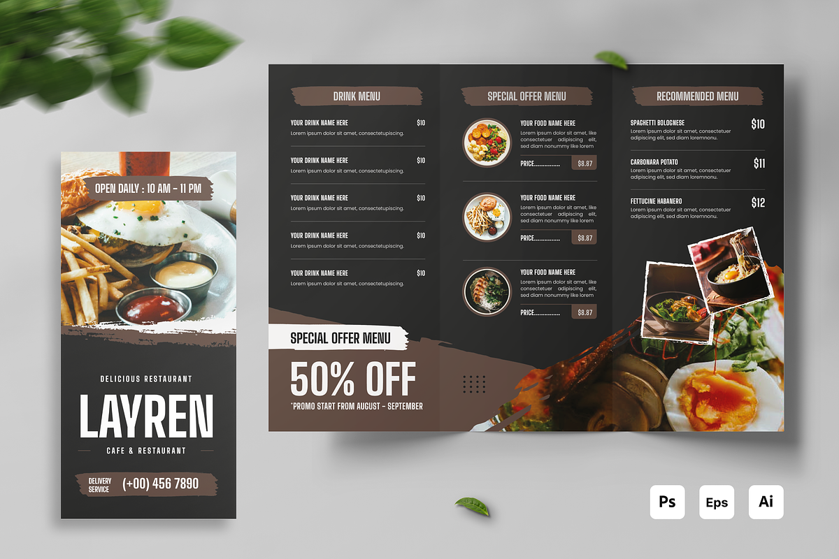 Restaurant Menu Trifold Brochure, a Brochure Template by SquidPixey