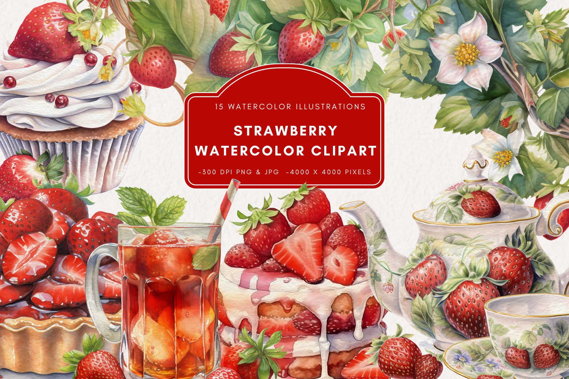 Strawberry Watercolor Clipart, a Food Illustration by NadiaTheronArt