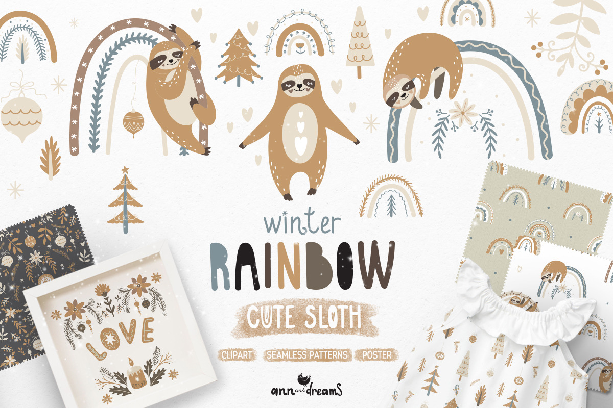 Winter Rainbow & Cute Sloth, an Animal Illustration by annartdreams