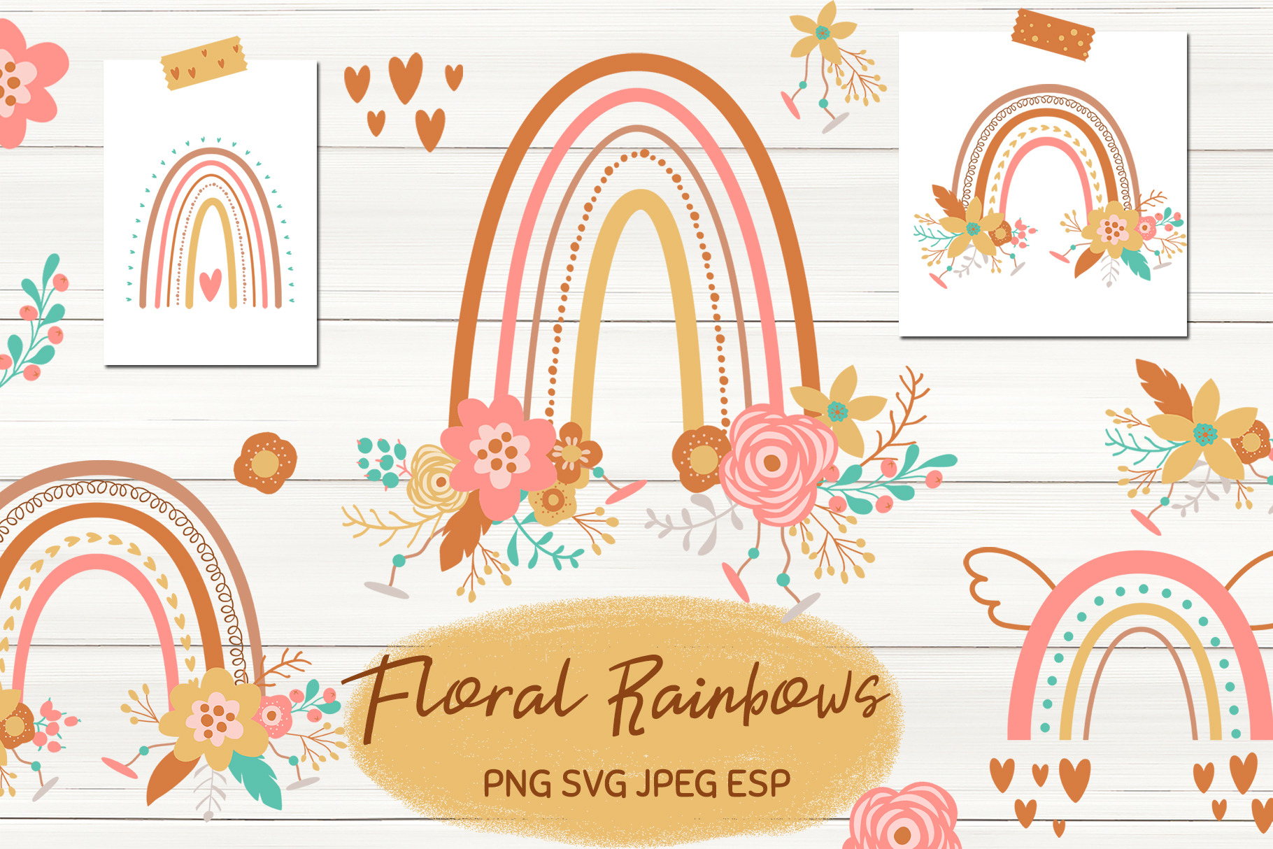Floral Rainbow clipart in boho style