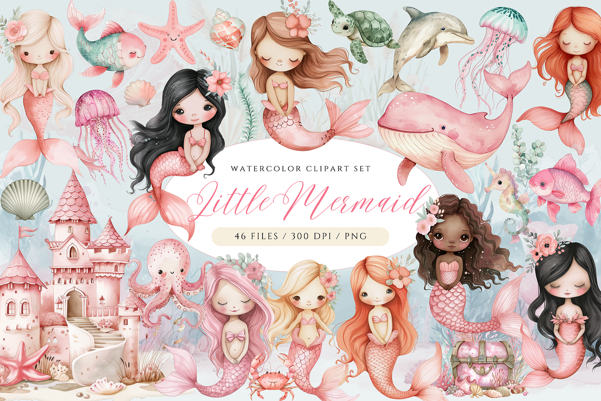 Little Mermaid Watercolor Clipart, a Decorative Illustration by ...