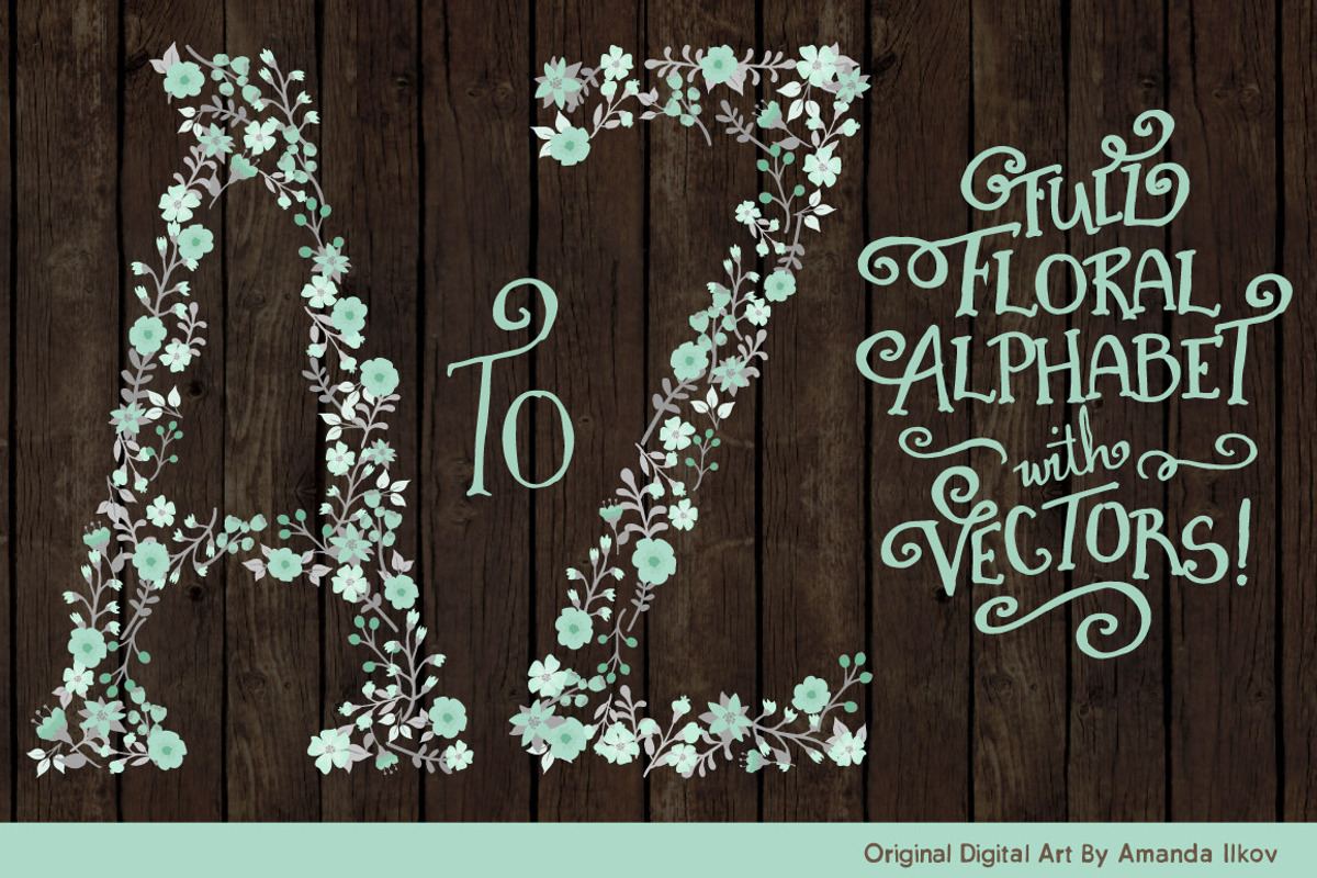 Mint & Grey Floral Alphabet Vectors, an Illustration by Amanda Ilkov