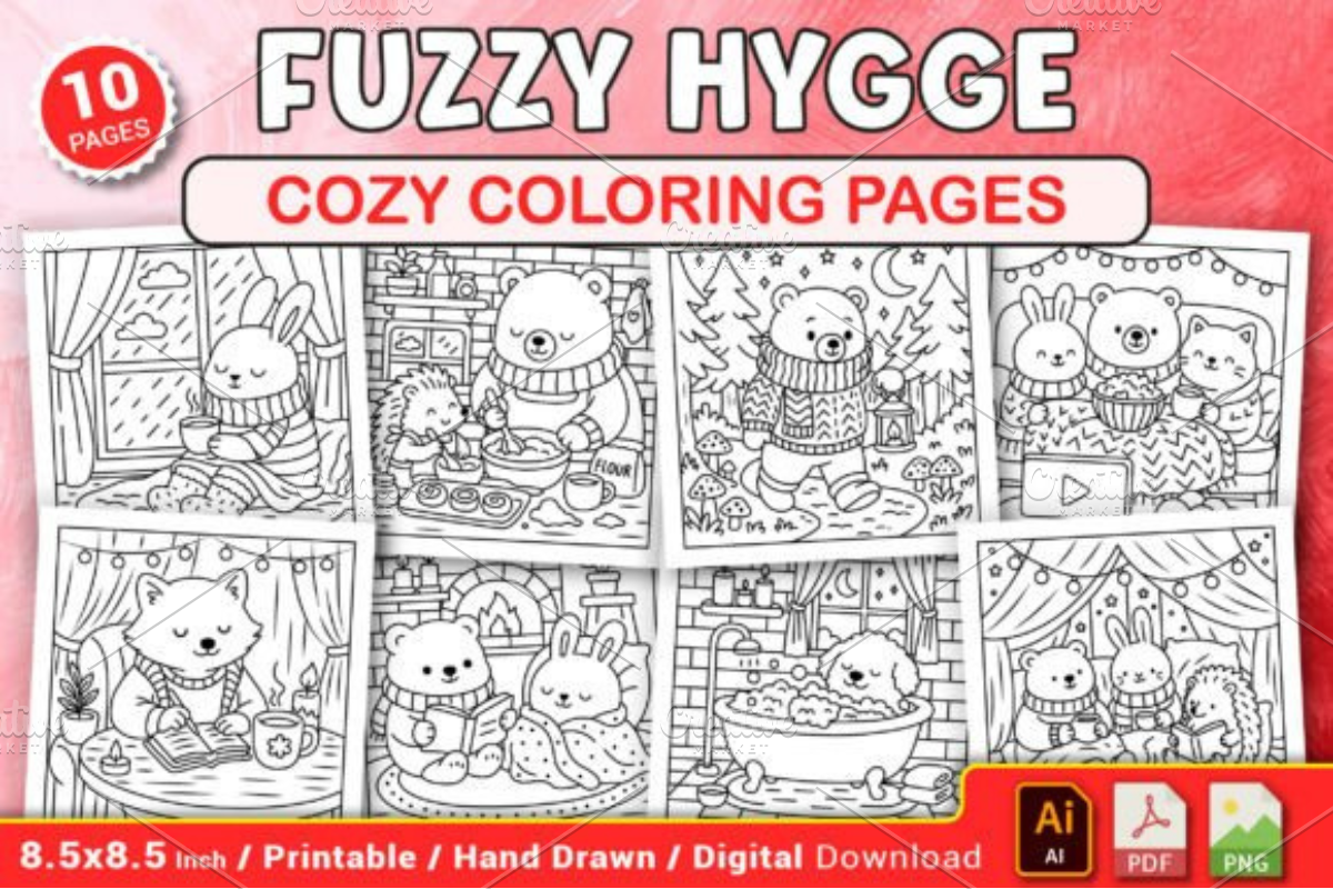 Fuzzy Hygge Cozy Coloring Pages, an Animal Illustration by Ink Gallery