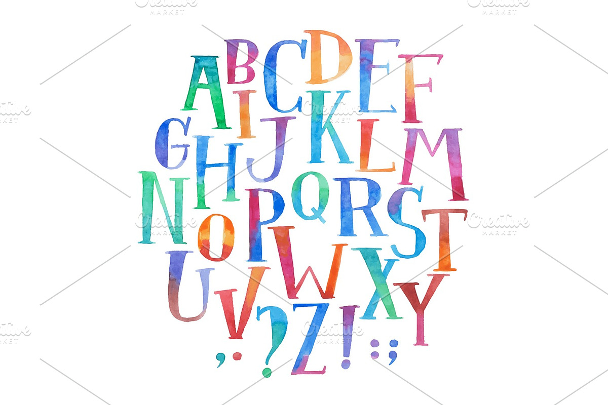 Colorful watercolor aquarelle font type handwritten hand draw abc ...