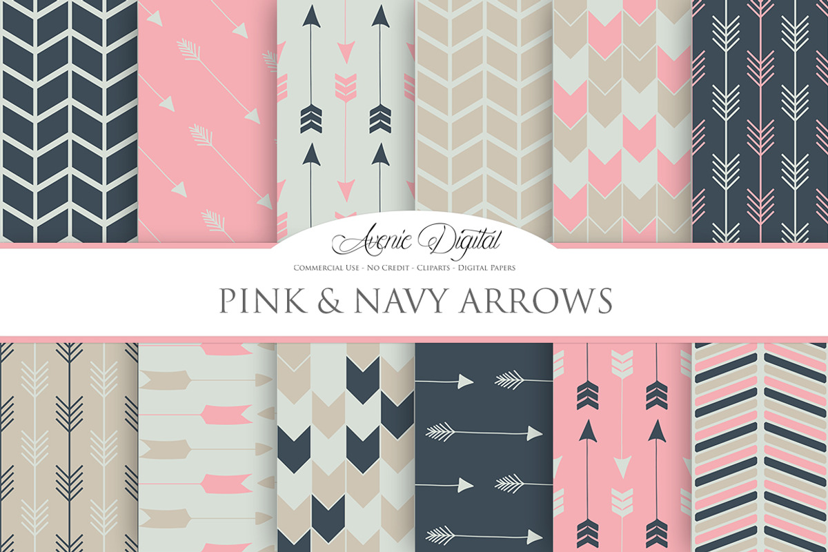 Pink and Navy Arrows Digital Paper, a Pattern Graphic by Avenie Digital ...