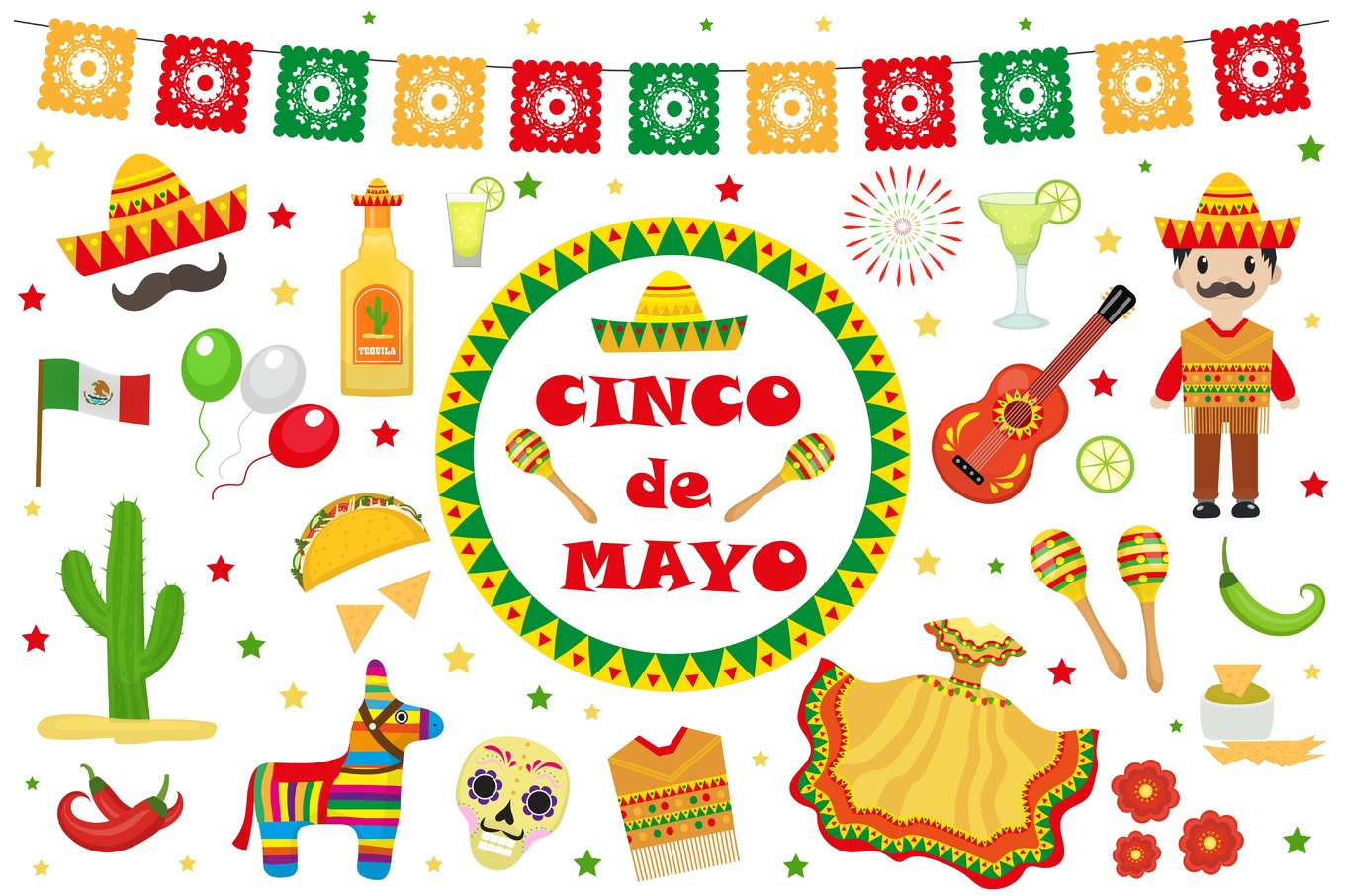 Cinco de Mayo celebration in Mexico, icons set, design element, flat ...