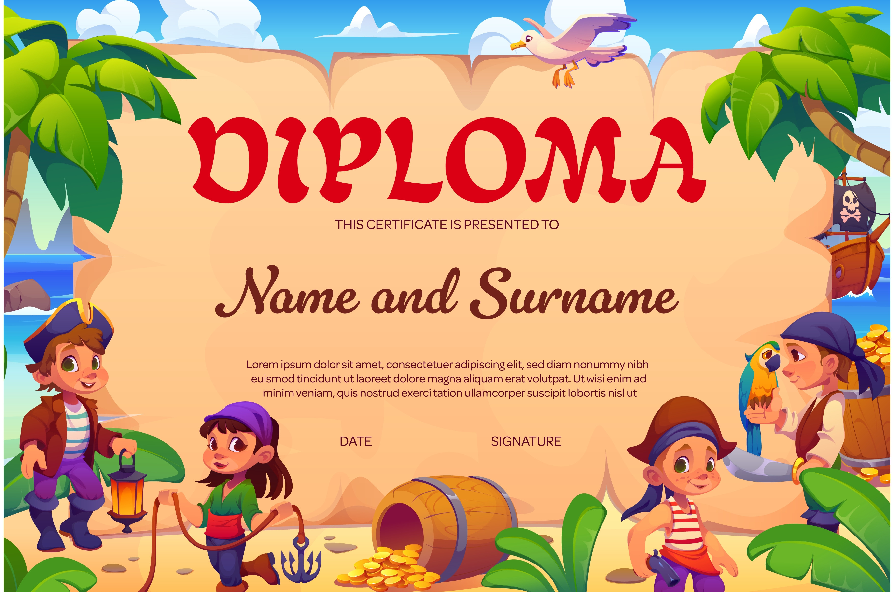 Kid diploma certificate of pirates, a Person Illustration by Vector ...