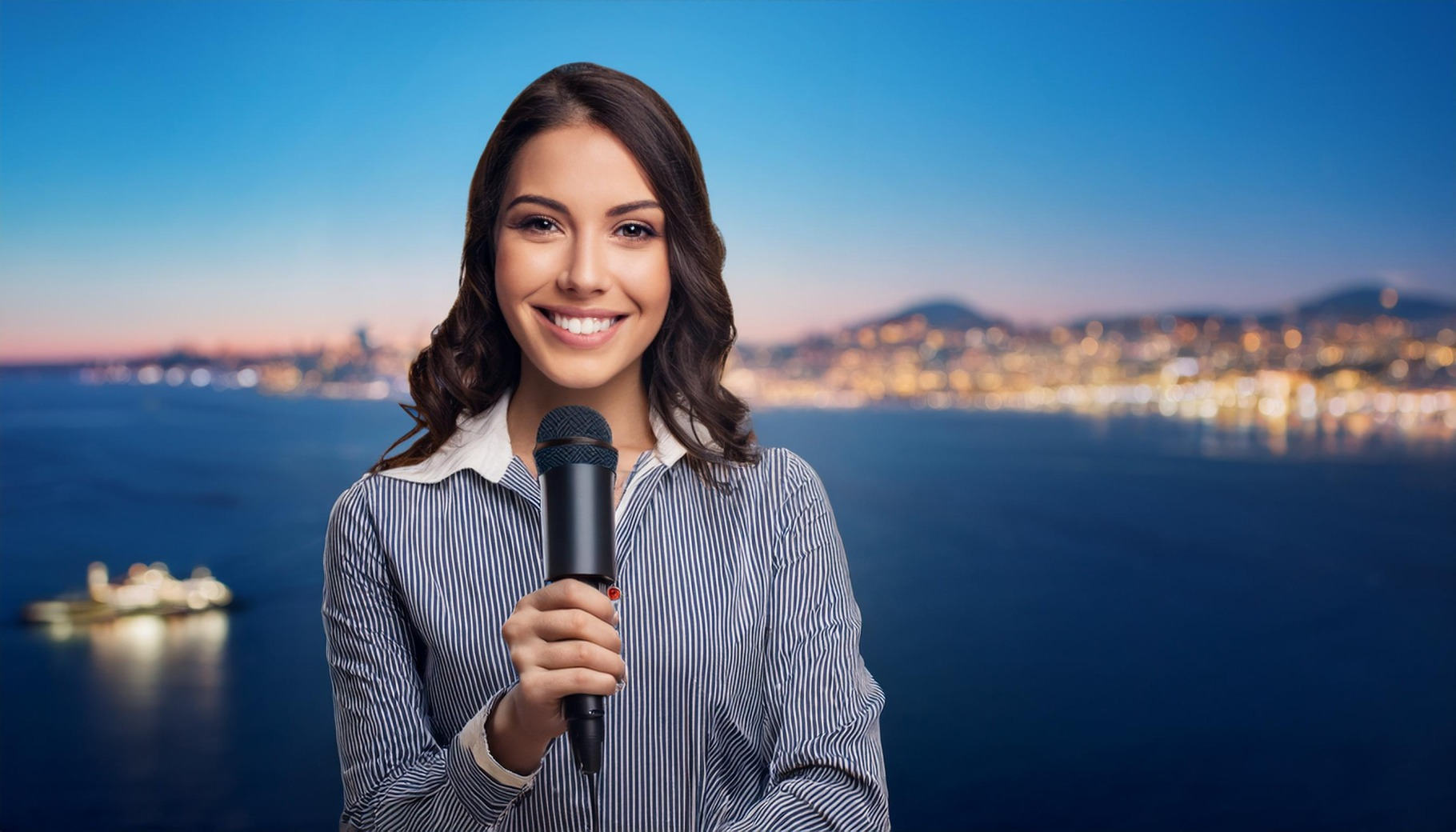 beautiful female journalist in news tv studio, AI generated, a Photo by ...