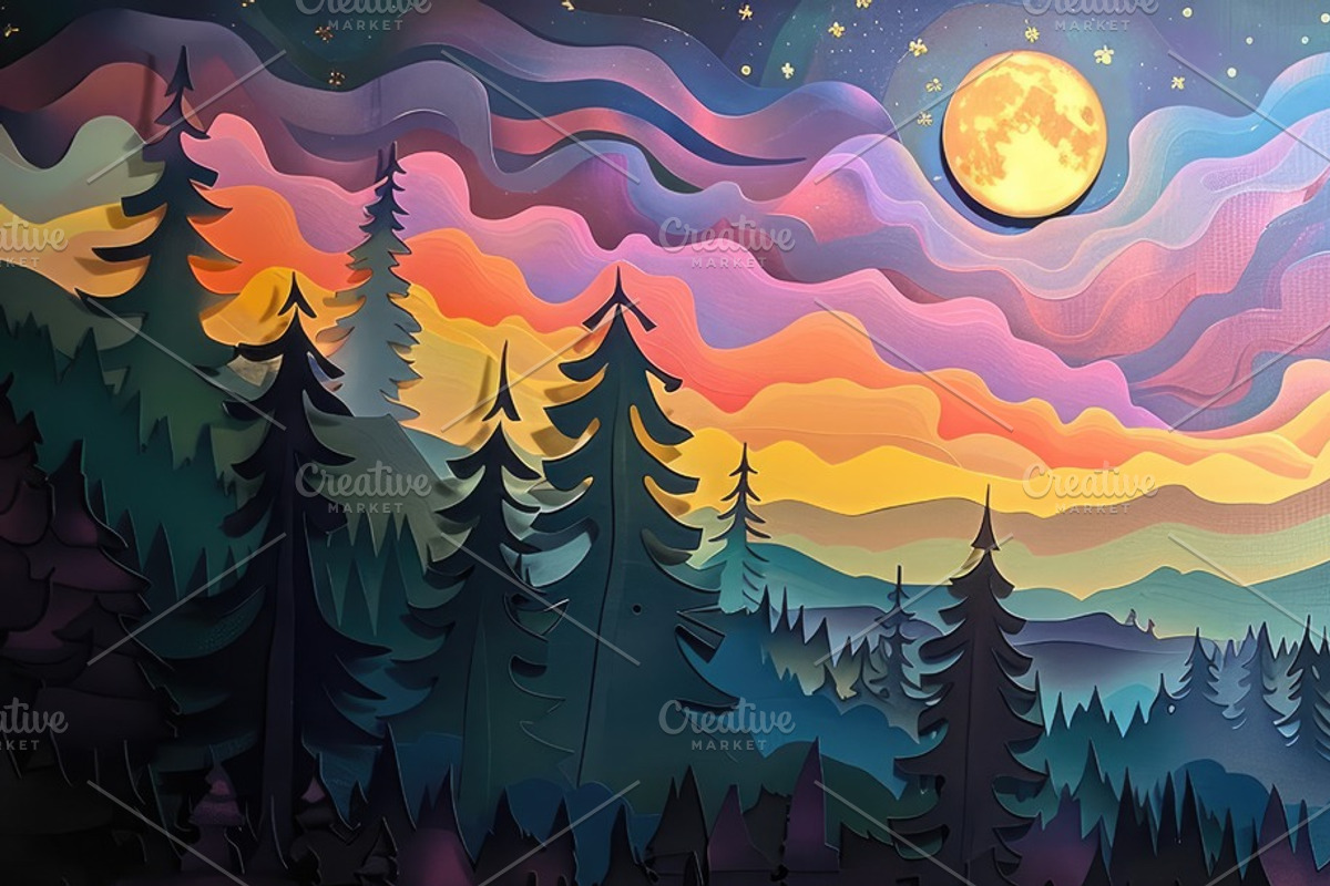 Paper-Cut Forest Landscape at Dusk, a Decorative Illustration by Virgo ...