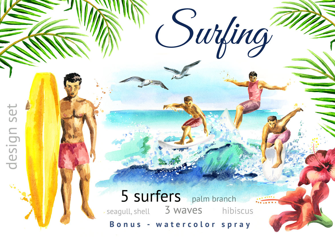 WATERCOLOR summer surfing set, a Sport Illustration by Daria Ustiugova