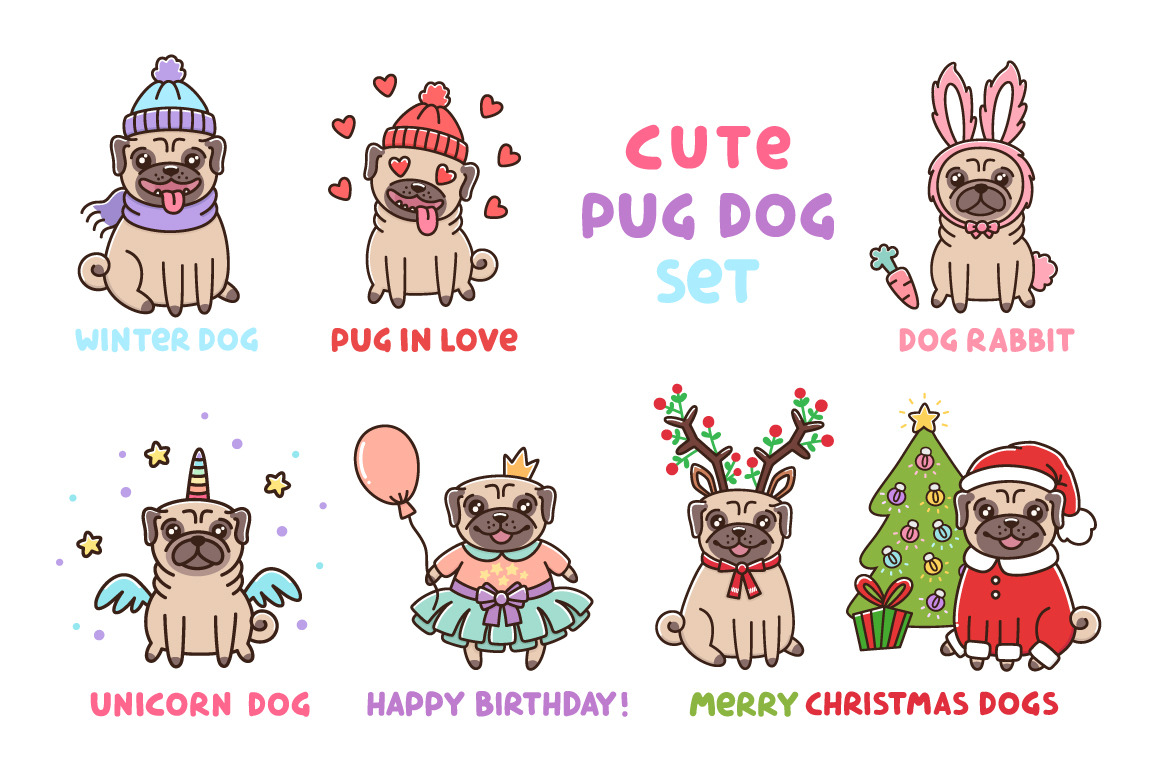Pug Dog Set. Characters and patterns, an Illustration by Viaireshop