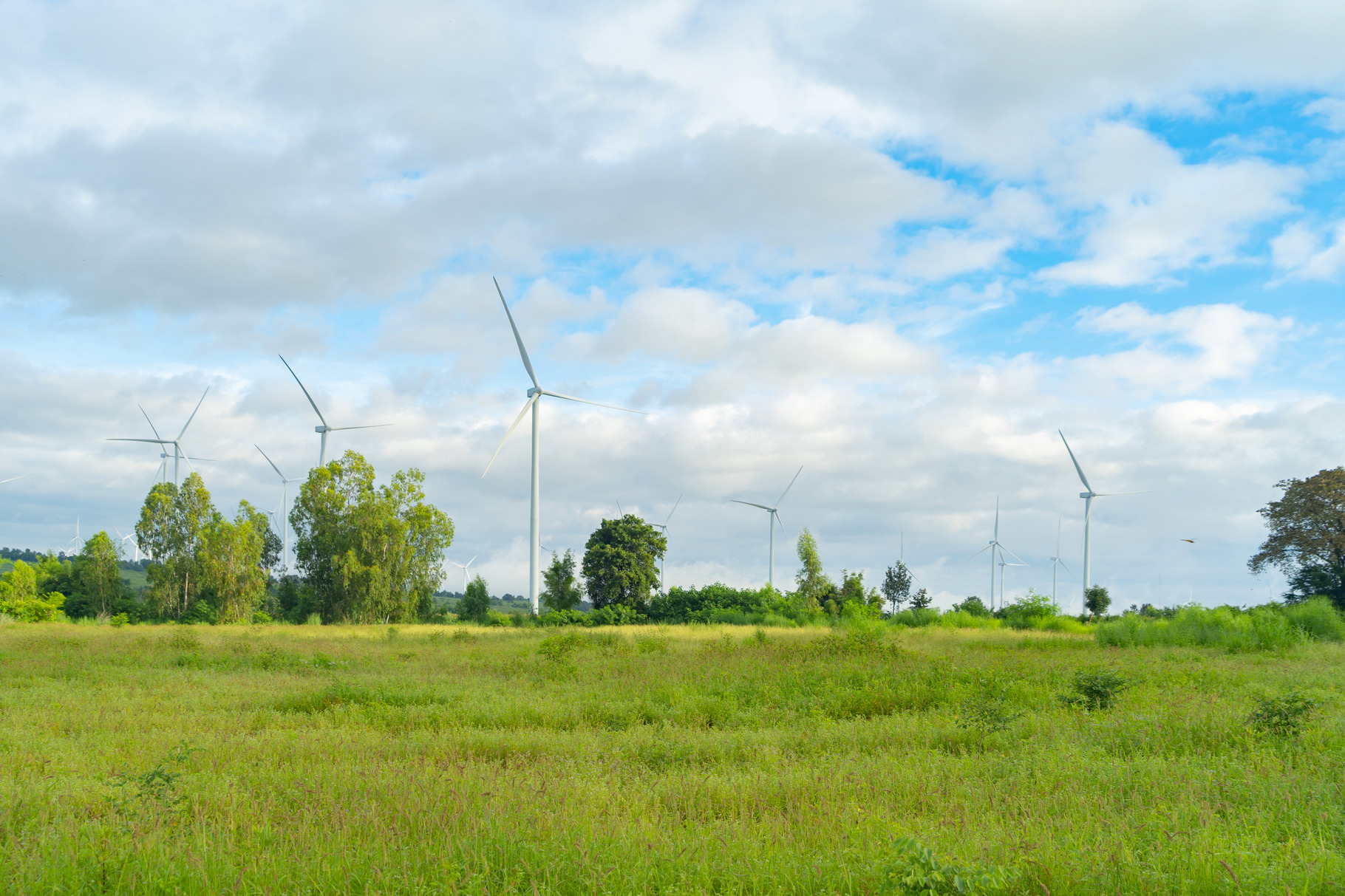 Wind turbines or windmills farm field in industry factory. Power, an ...