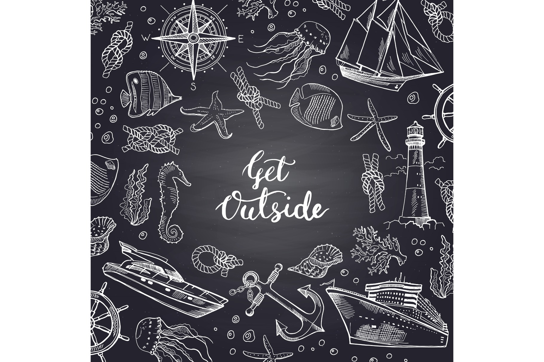 Vector sketched sea elements on chalkboard background with place for ...