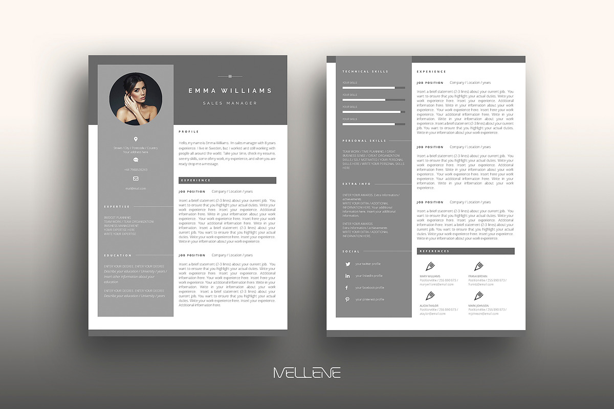 Resume / CV template - Emma, a Resume Template by Mellene Templates