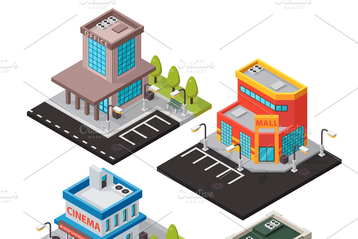 Vector isometric buildings set, a Work Illustration by RocketArt