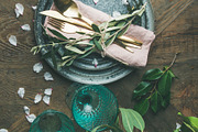 Flat-lay of Table setting with spring flowers, vertical composition, an ...