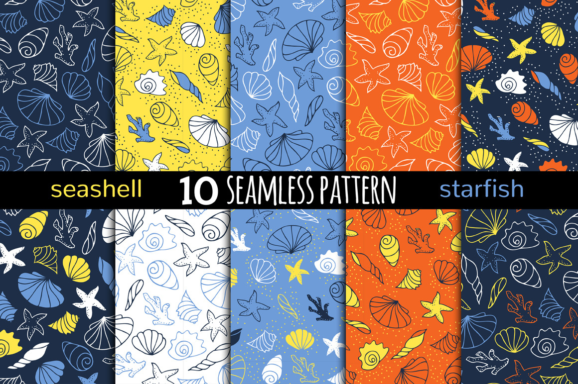 10 seamless patterns with seashells, a Pattern Graphic by EvgeniaV