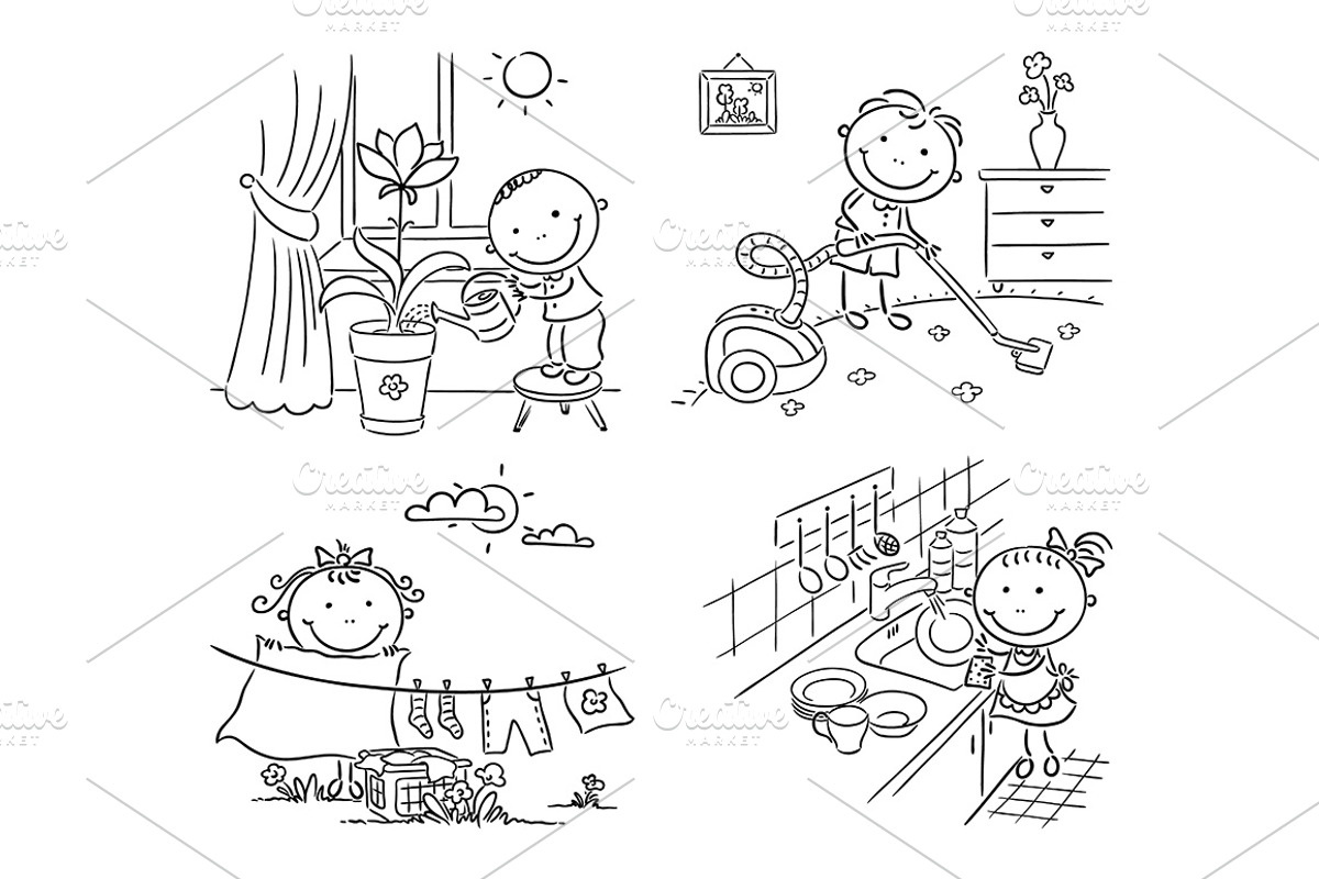 Set of kids helping their parents, an Illustration by Bubert Art ...