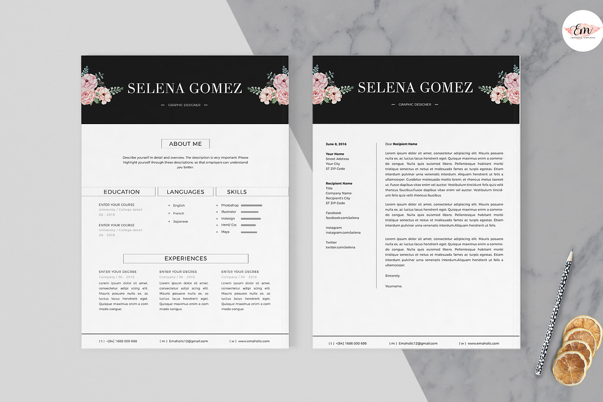 Floral CV Design, a Resume Template by Emaholic Template