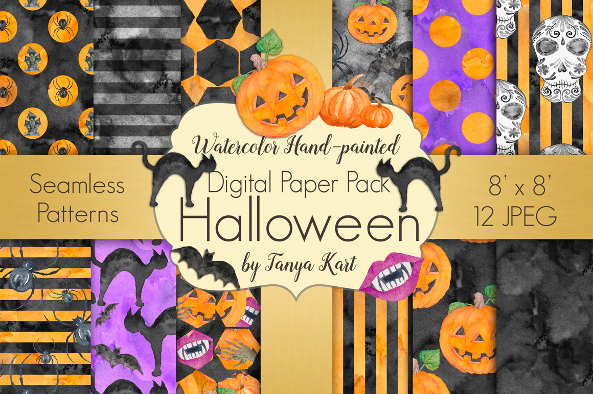Halloween Watercolor Digital Paper, a Pattern Graphic by Tanya Kart