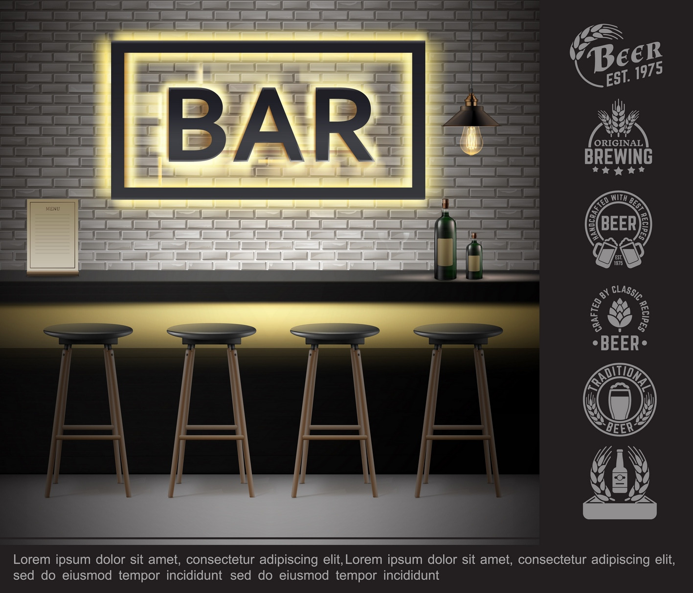 Realistic bar interior template, a Food Illustration by Microvector