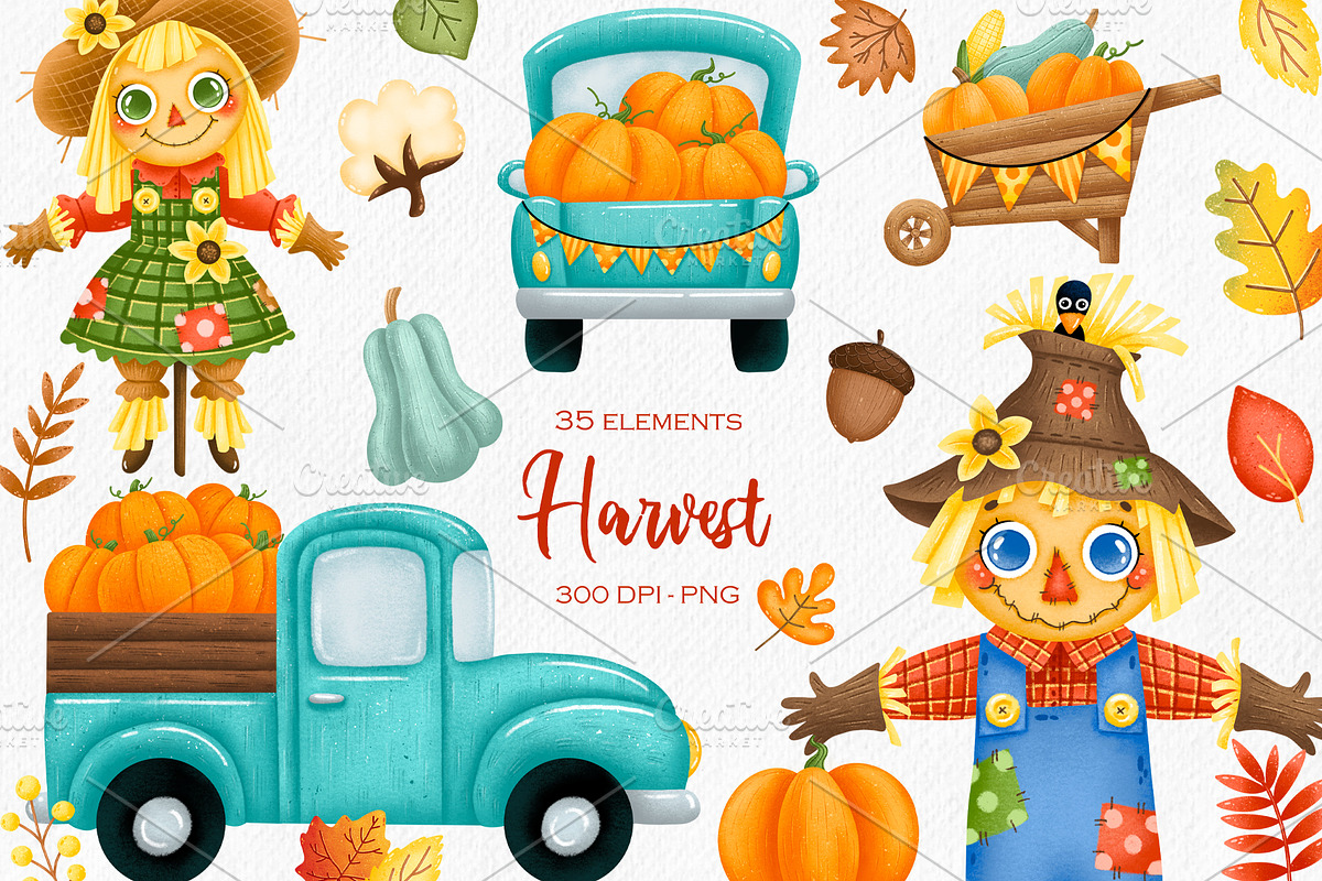 Cute Autumn Harvest Clipart, an Illustration by BonbonnyDesigns