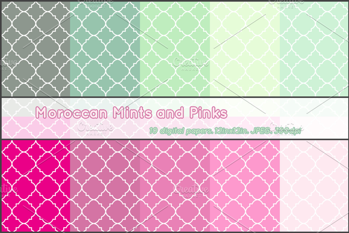 Moroccan Mint and Pink digital paper, a Pattern Graphic by TeaBerry