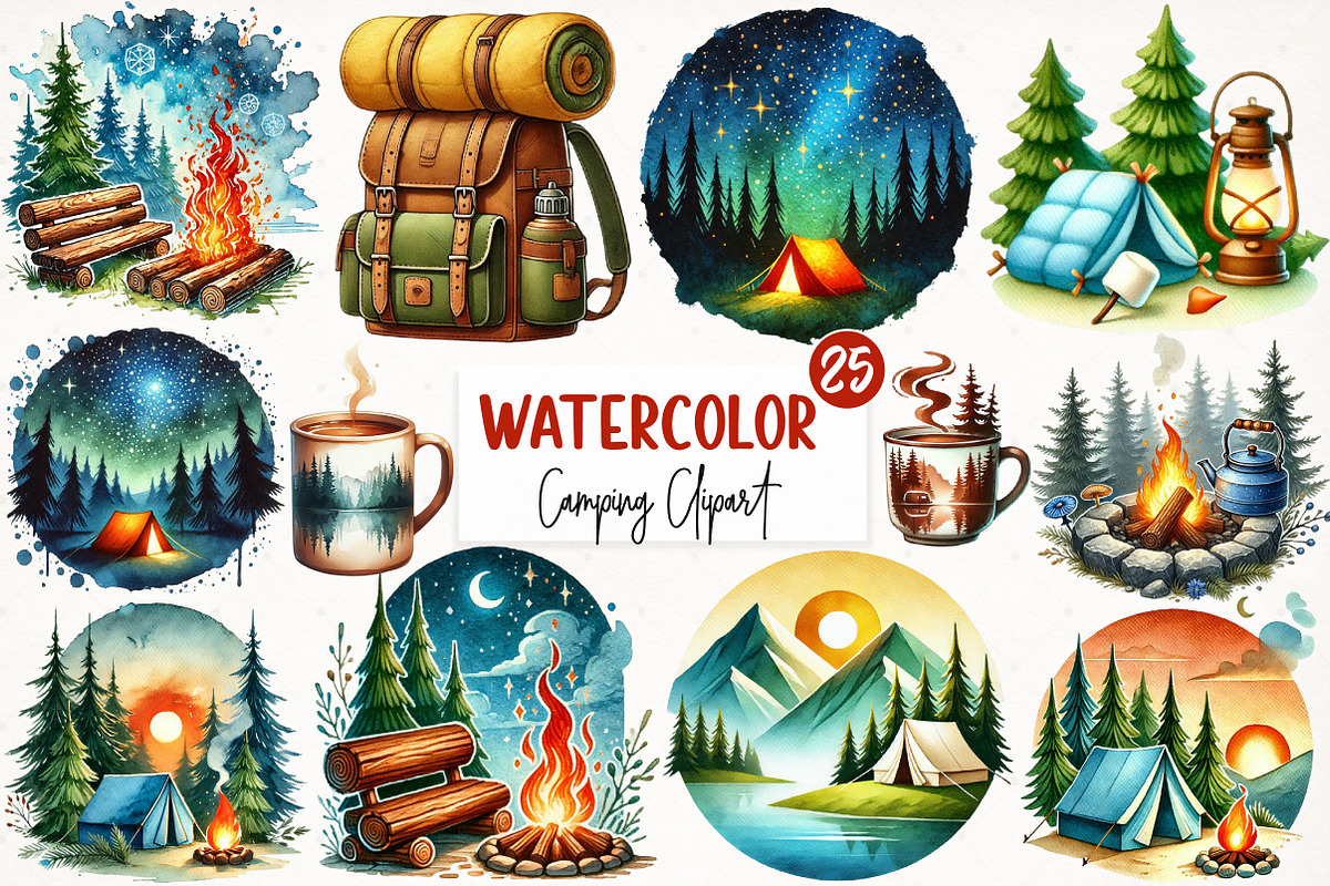 Watercolor Camping Clipart PNG, an Illustration by SinaCreation