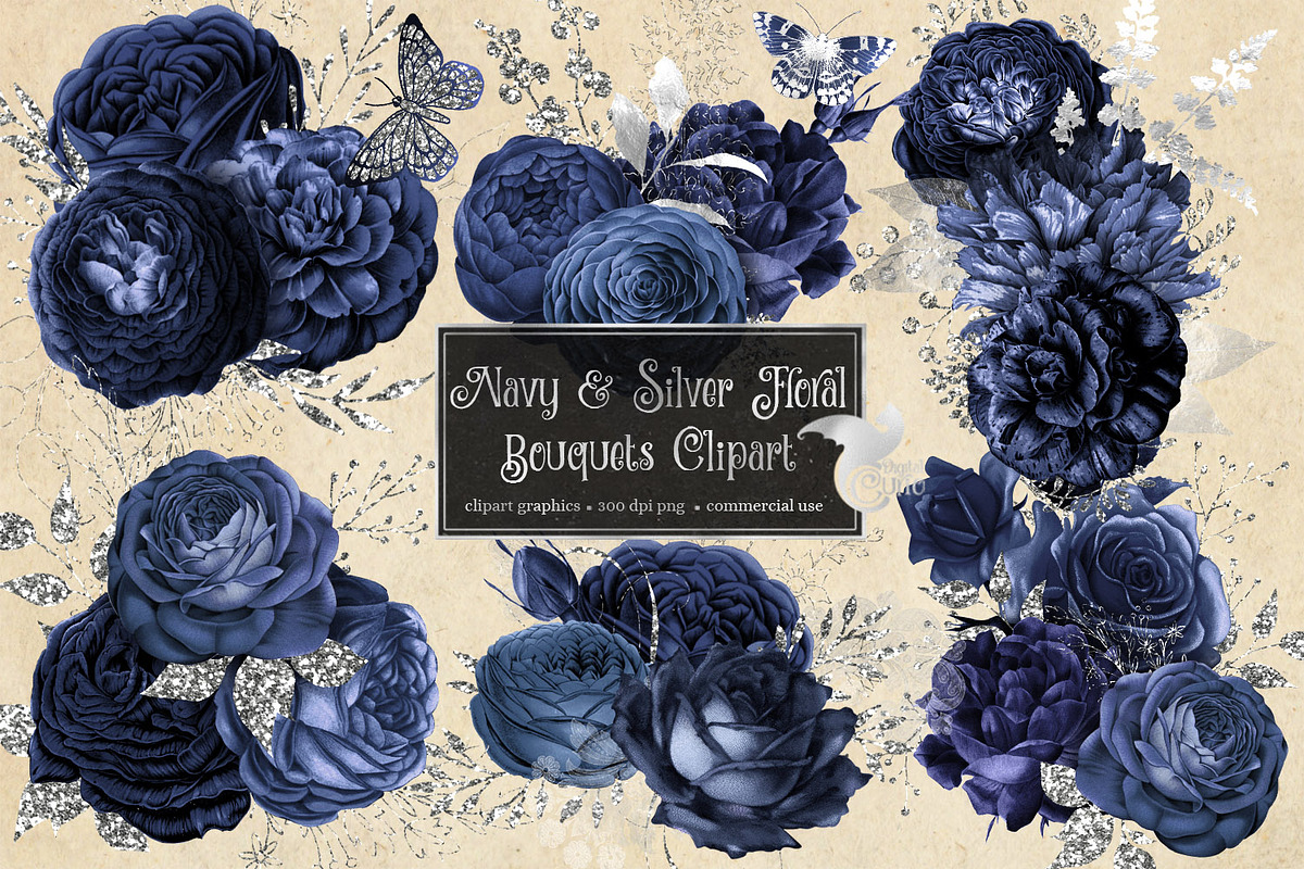 Navy and Silver Floral Clipart, an Illustration by Digital Curio