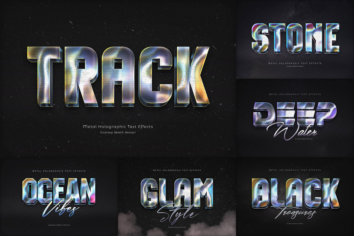 Holographic Text Logo Effects Bundle, a Layer Style Add-On by Andrew Skoch Design
