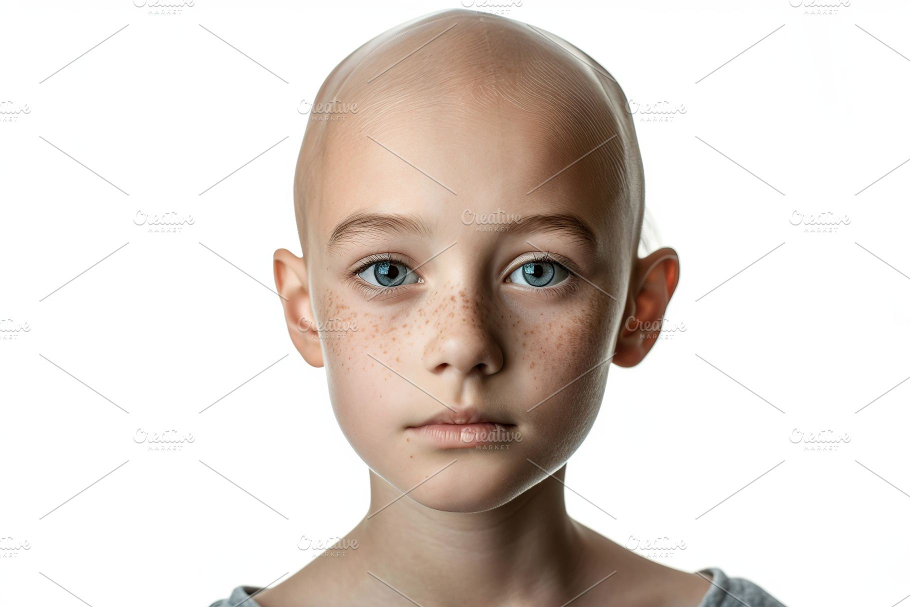 Portrait of young child girl with bald head, cancer therapy, a Person ...