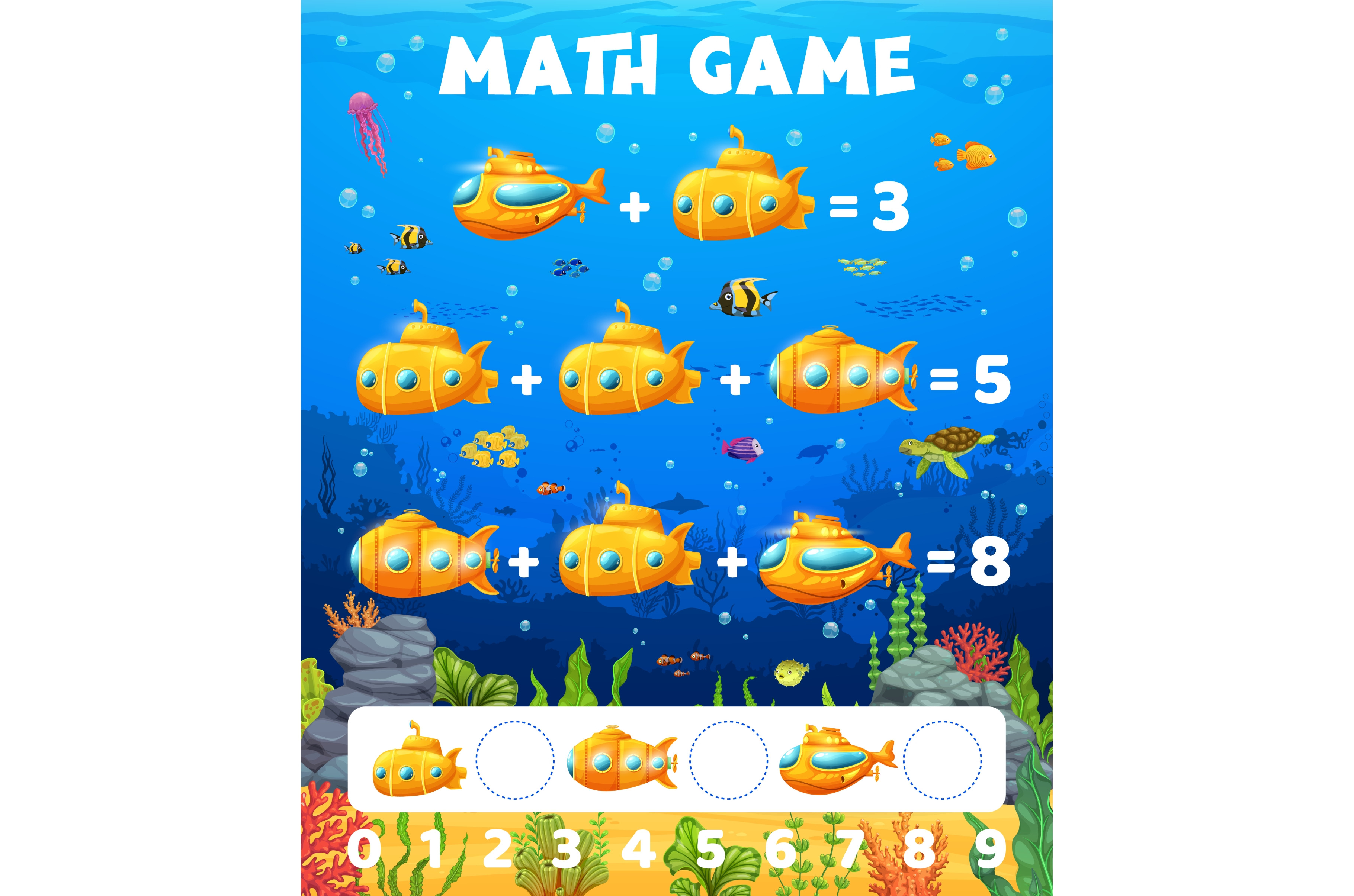Math game worksheet, submarine, an Illustration by Vector Tradition