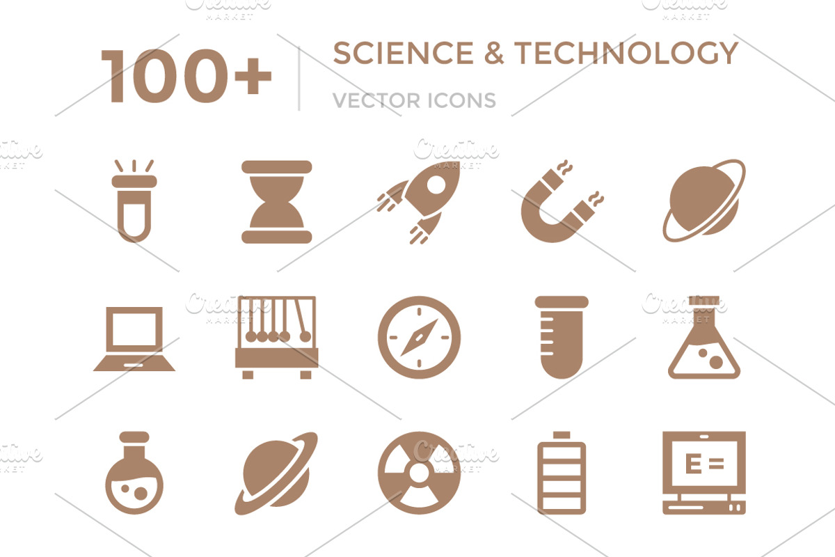 100+ Science and Technology Icons, a Solid Icon by Vectors Market
