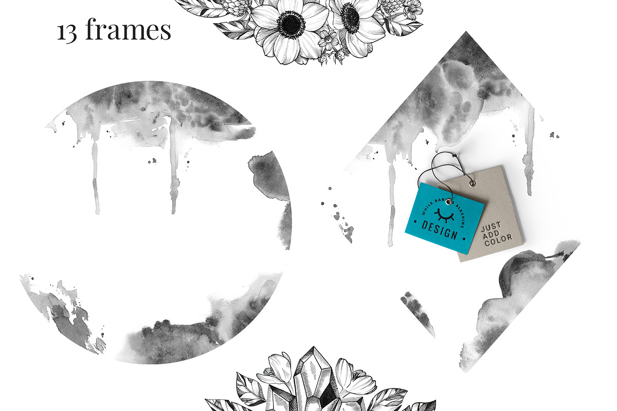 Black Ink Flowers and Watercolor, an Illustration by WBS Design