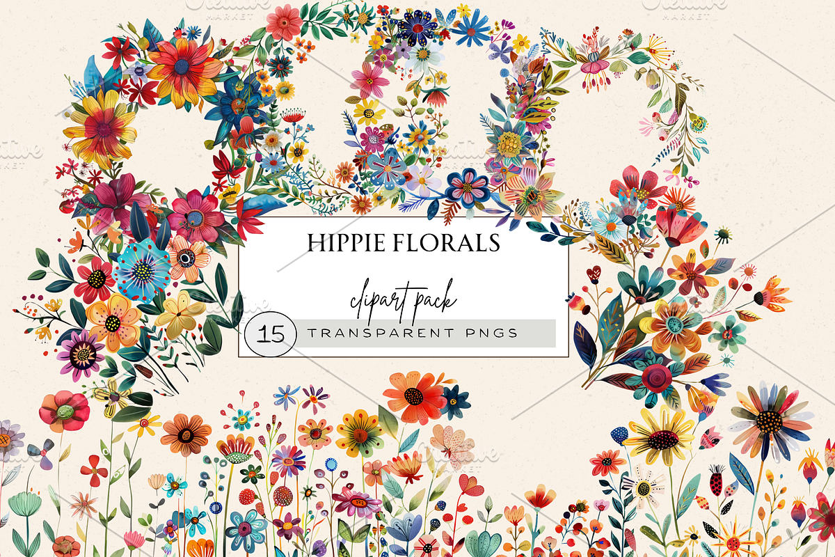 HIPPIE BOHEMIAN FLORAL CLIPART PACK, a Decorative Illustration by ...