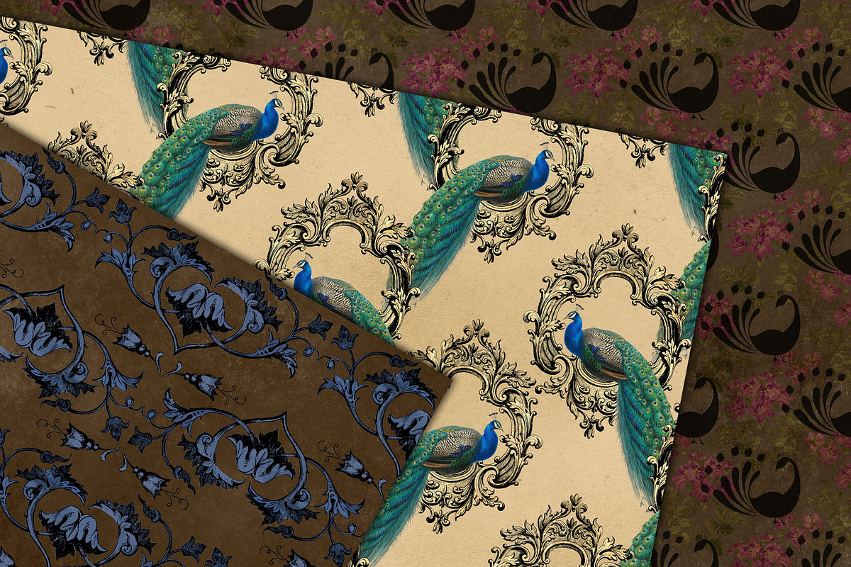 Vintage Peacock Digital Paper, a Pattern Graphic by Digital Curio