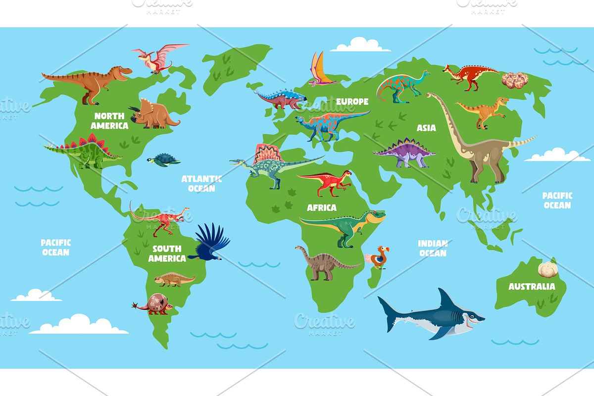 Prehistoric dinosaurs map, an Animal Illustration by Vector Tradition