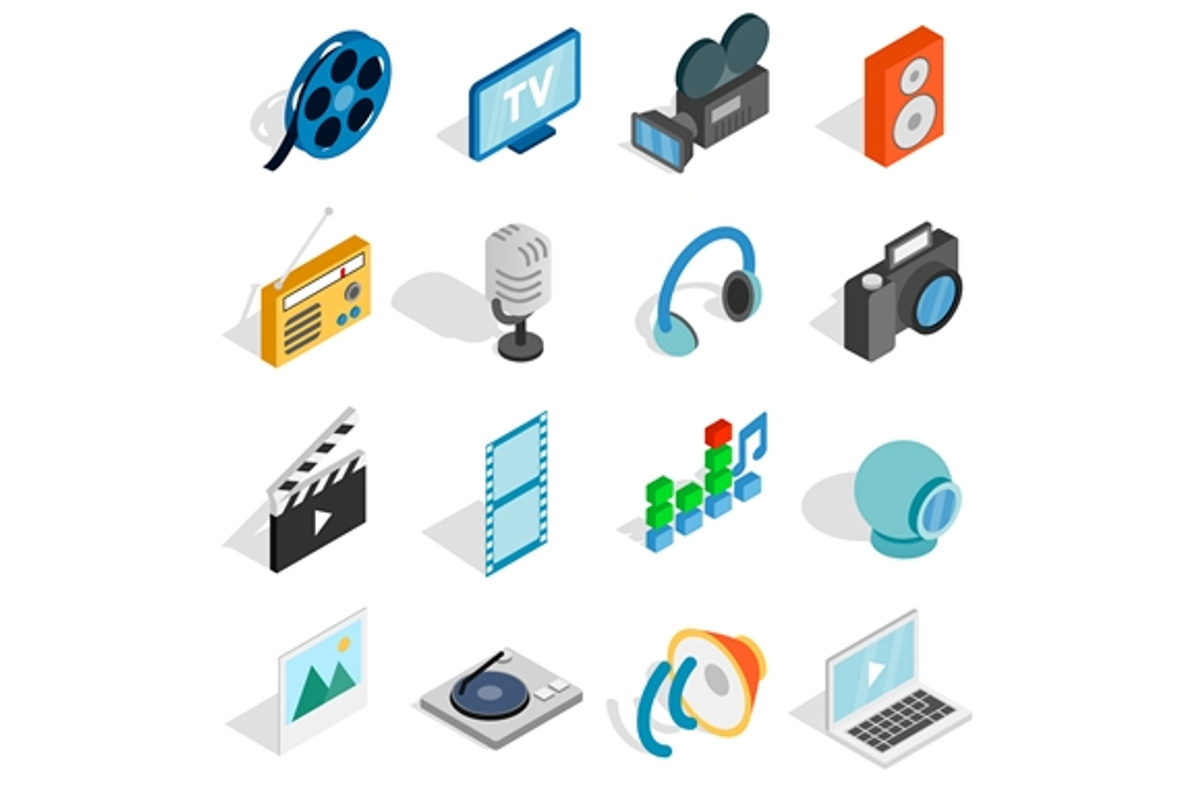 Media icons set, isometric 3d style, an Icon by Ylivdesign