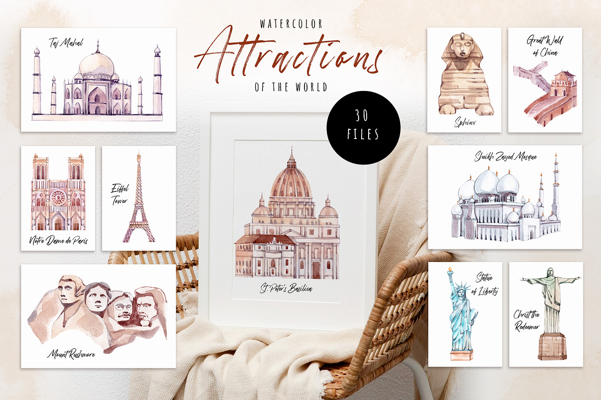 TRAVEL BUNDLE. Watercolor clipart, an Illustration by VerAna