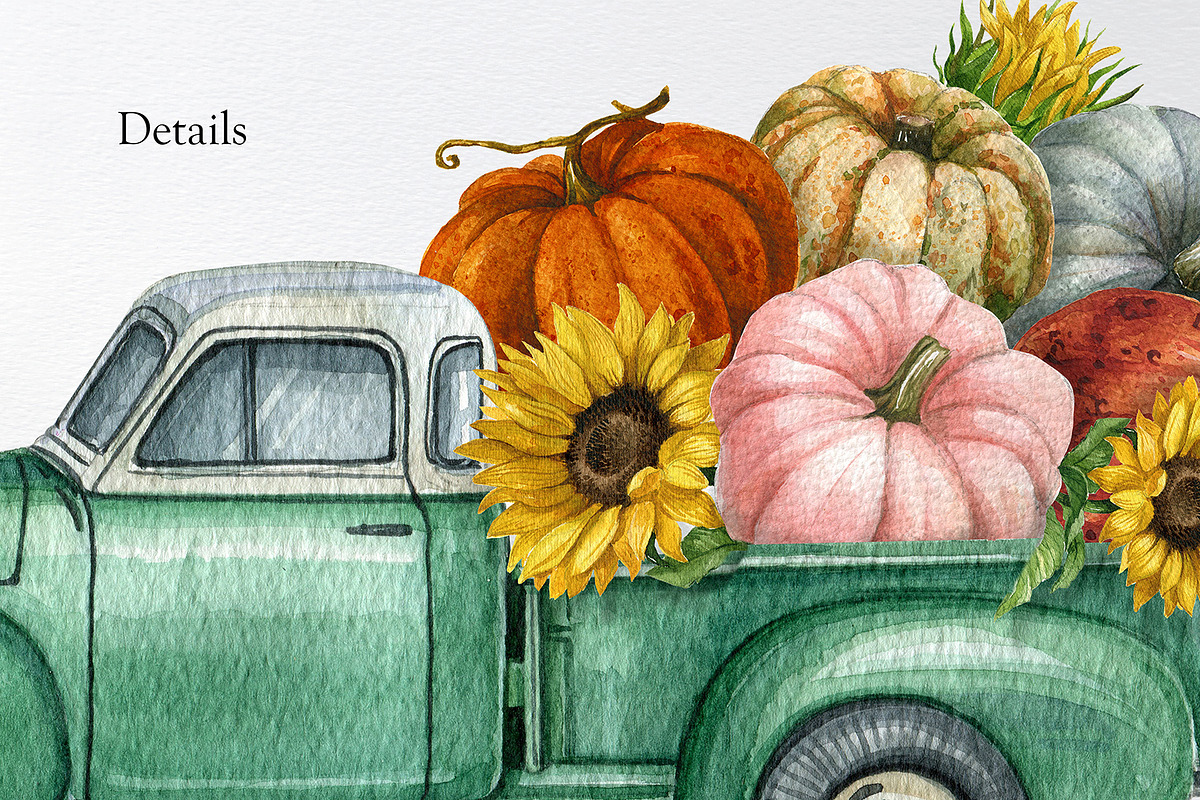 Watercolor Pumpkin Truck Clipart, an Illustration by yana.fefelova
