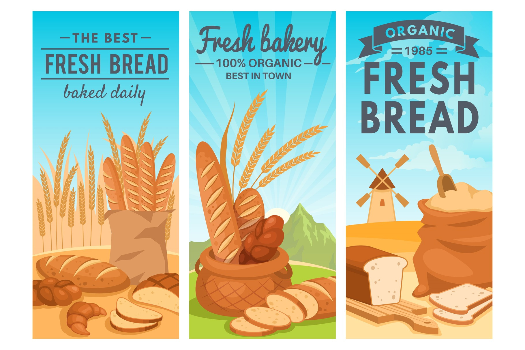 Bread banners. Rye bread bakery shop, a Food Illustration by YummyBuum