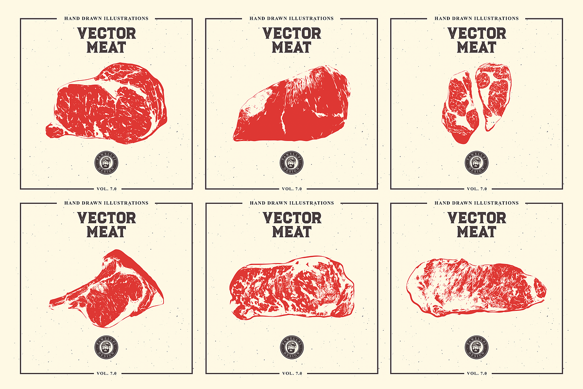 VECTOR MEAT HAND DRAWN BUNDLE 7.0, an Animal Illustration by pawellpi