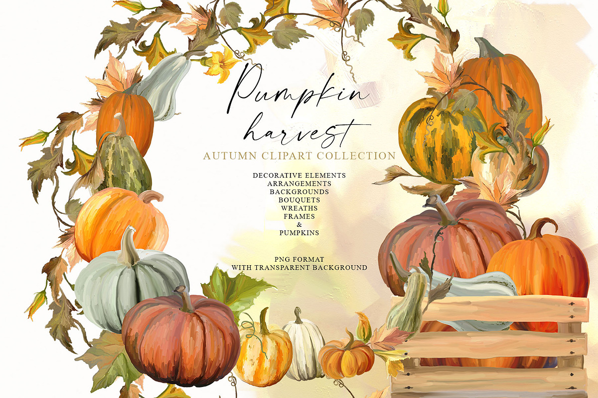 Pumpkin harvest - autumn clipart, an Illustration by Vasmila