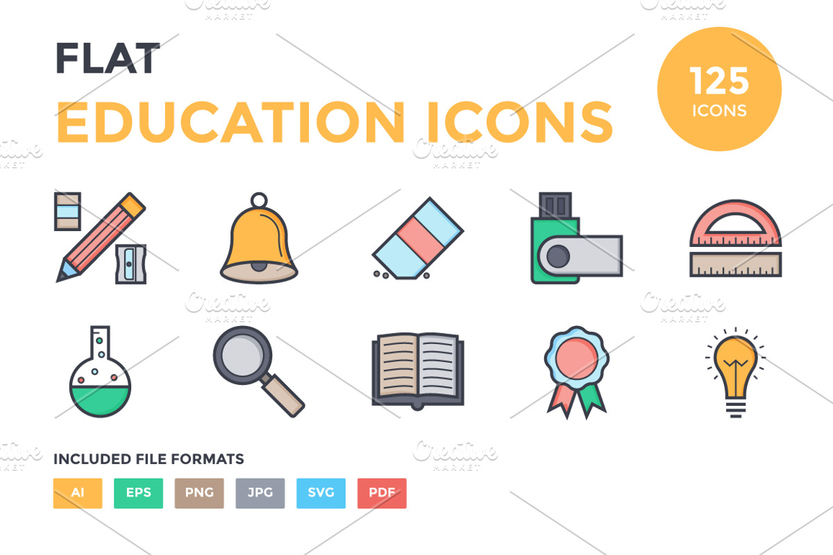 125 Flat Education Icons, an Icon by Creative Stall