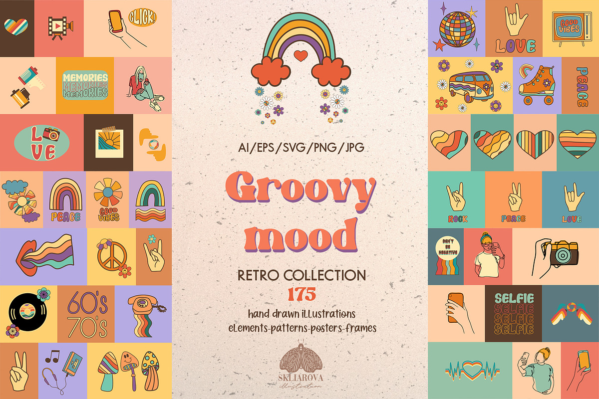 retro groovy vector illustrations | Creative Market
